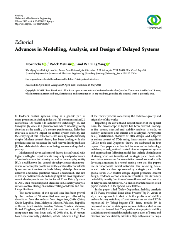 (PDF) Advances in Modelling, Analysis, and Design of Delayed Systems