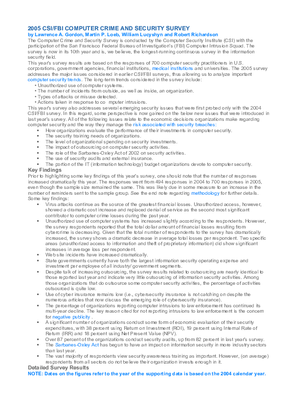 (DOC) CSI/FBI Computer Crime and Security Survey, 1999