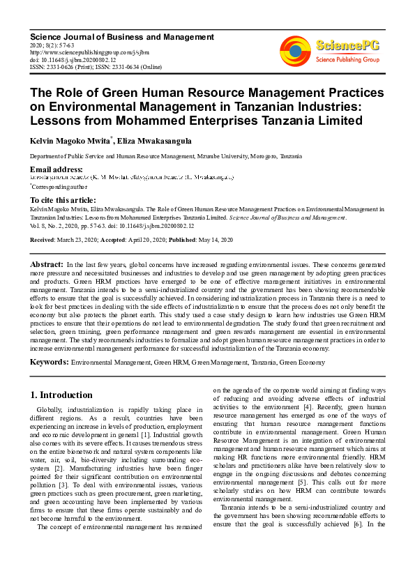 (PDF) The Role of Green Human Resource Management Practices on Environmental Management in ...