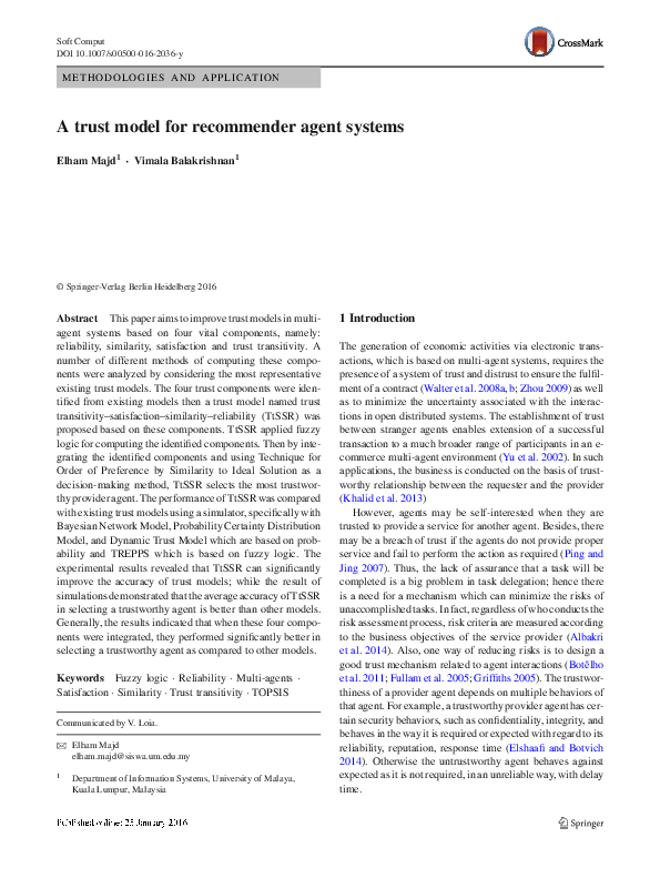 (PDF) A trust model for recommender agent systems