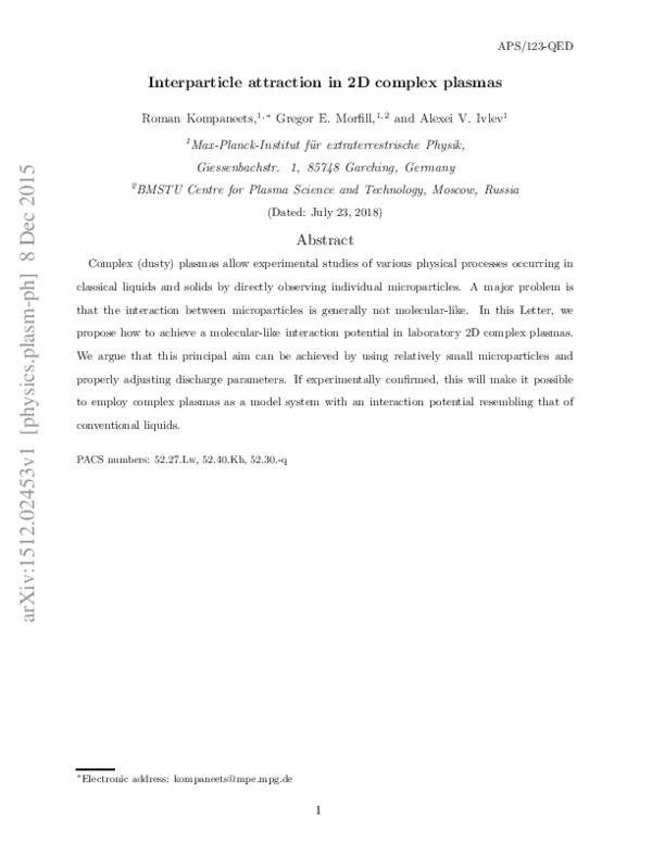 (PDF) Interparticle Attraction in 2D Complex Plasmas