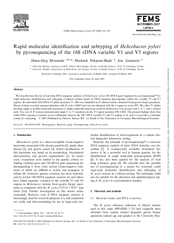 (PDF) Rapid molecular identification and subtyping of Helicobacter ...