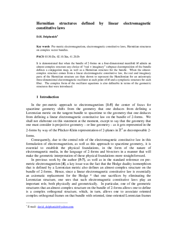 (PDF) Hermitian structures defined by linear electromagnetic constitutive laws