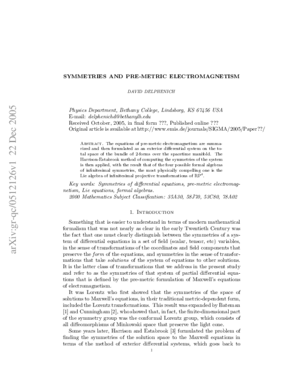 (PDF) Symmetries of the equations of pre-metric electromagnetism