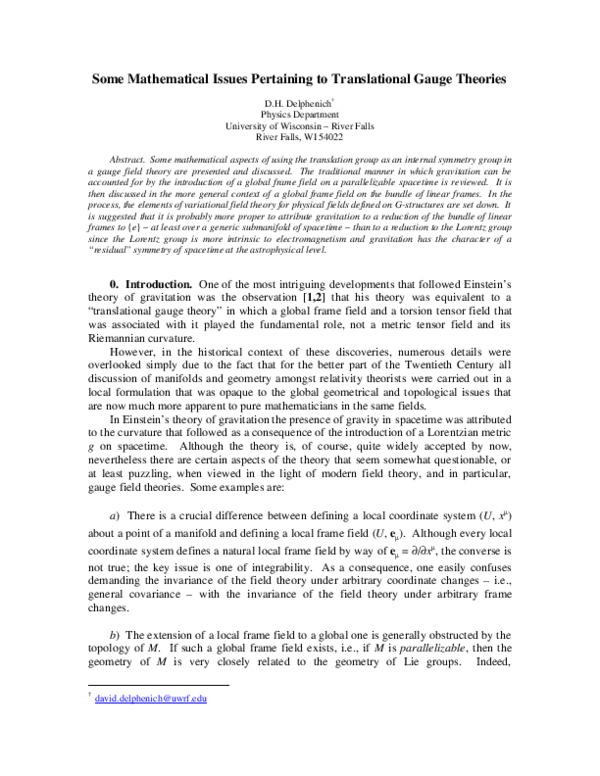 (PDF) Some Mathematical Issues Pertaining to Translational Gauge Theories