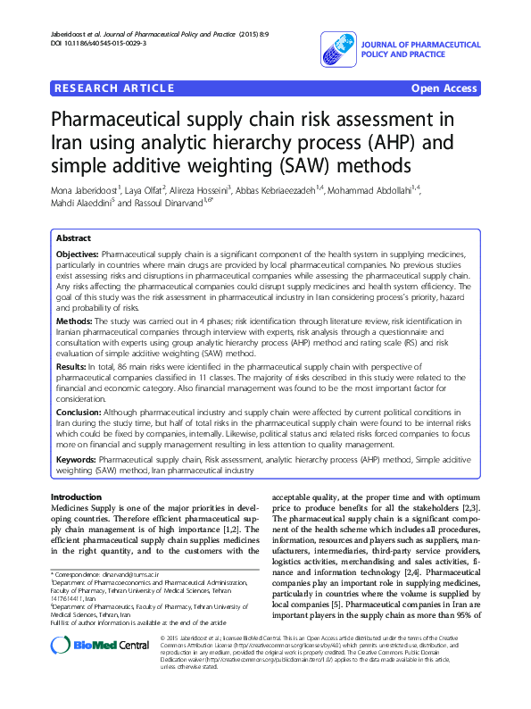 (PDF) Pharmaceutical supply chain risk assessment in Iran using analytic hierarchy process (AHP ...