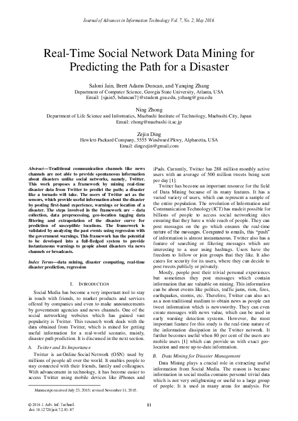 (PDF) Real-Time Social Network Data Mining for Predicting the Path for a Disaster