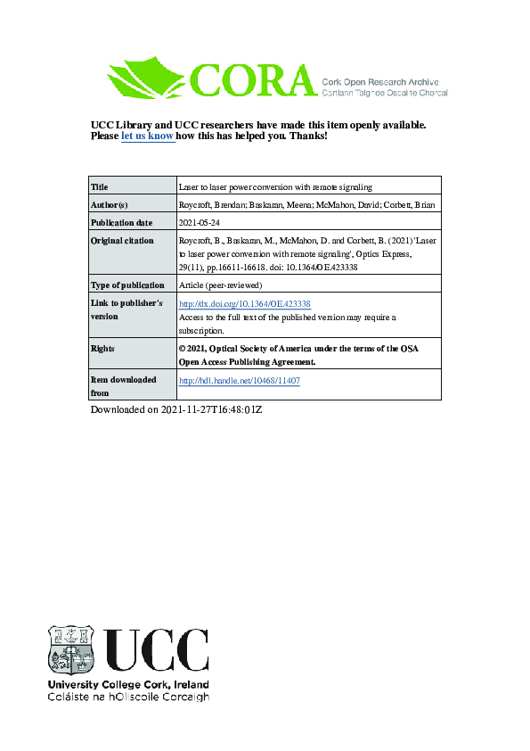 (PDF) Laser to laser power conversion with remote signaling