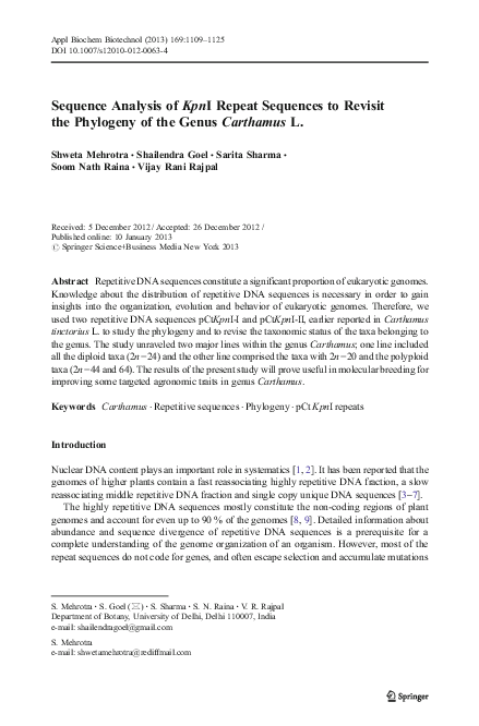 (PDF) Sequence Analysis of KpnI Repeat Sequences to Revisit the Phylogeny of the Genus Carthamus L