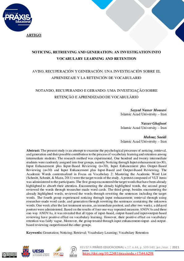 (PDF) Noticing, Retrieving and Generation: An Investigation Into Vocabulary Learning and Retention