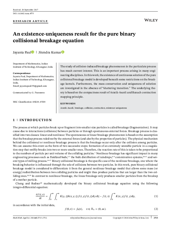 (PDF) An existence‐uniqueness result for the pure binary collisional ...