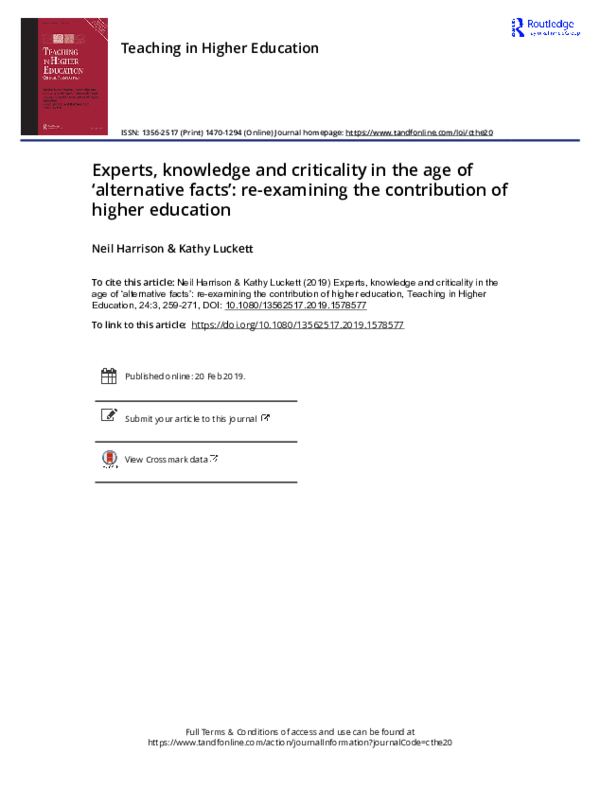 (PDF) Experts, knowledge and criticality in the age of ‘alternative ...
