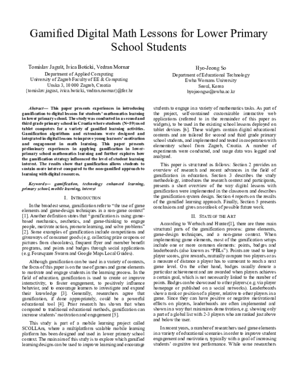 (PDF) Gamified Digital Math Lessons for Lower Primary School Students