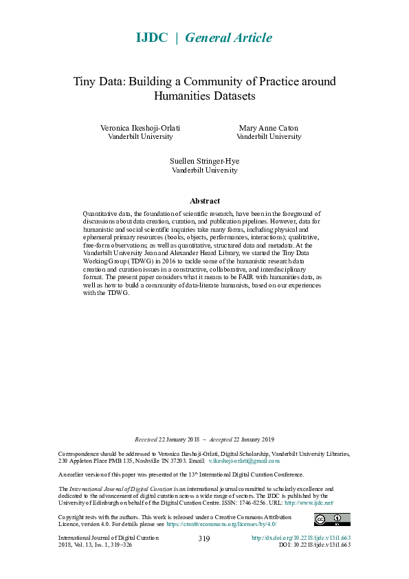 (PDF) Tiny Data: Building a Community of Practice around Humanities Datasets