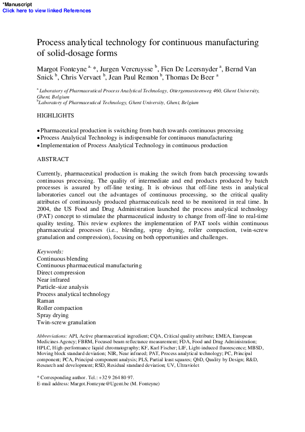 (PDF) Process Analytical Technology for continuous manufacturing of solid-dosage forms