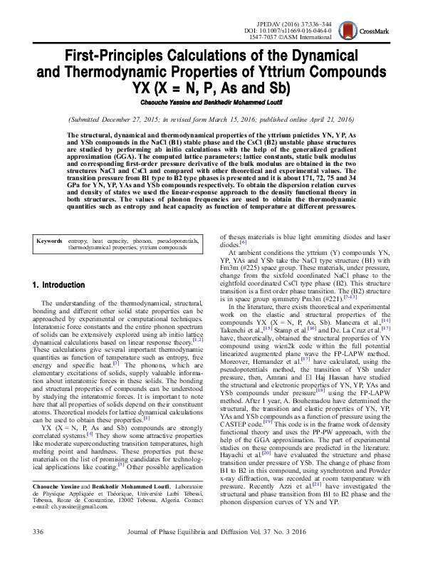 (PDF) First-Principles Calculations of the Dynamical and Thermodynamic Properties of Yttrium ...