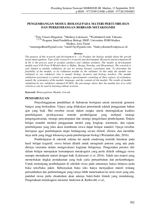 (PDF) Pengembangan Modul Biologi Pada Materi Pertumbuhan Dan Perkembangan Berbasis Metakognisi ...