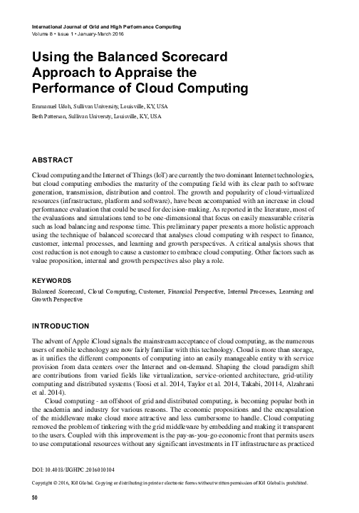 (PDF) Using the Balanced Scorecard Approach to Appraise the Performance of Cloud Computing