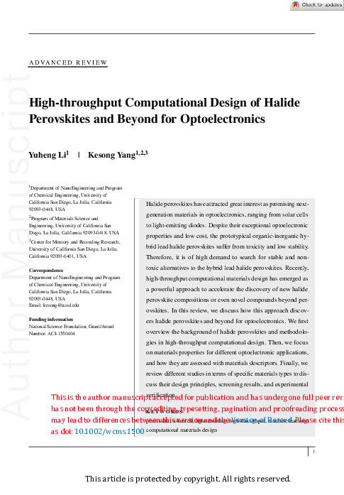 (PDF) High‐throughput computational design of halide perovskites and ...