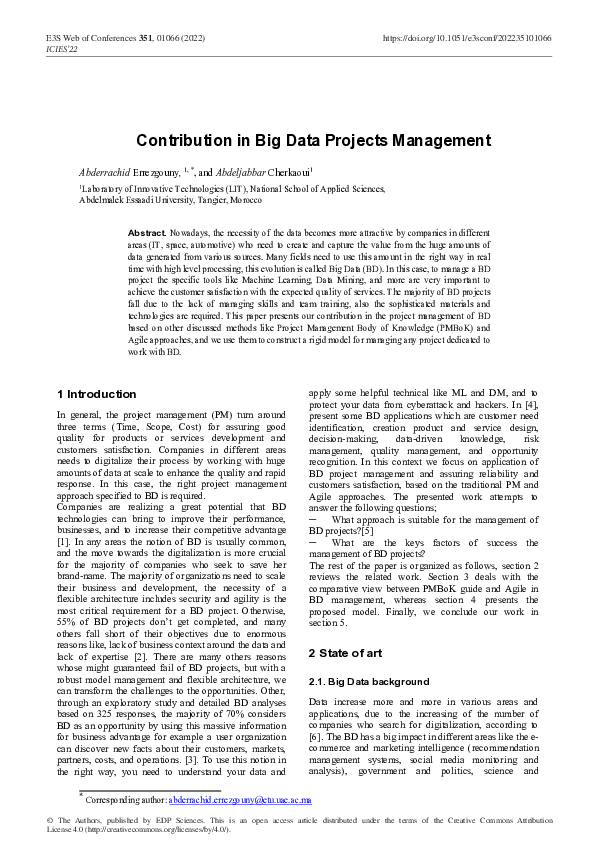 (PDF) Contribution in Big Data Projects Management