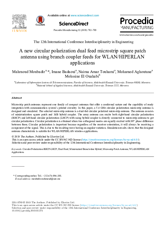 (PDF) A new circular polarization dual feed microstrip square patch antenna using branch coupler ...