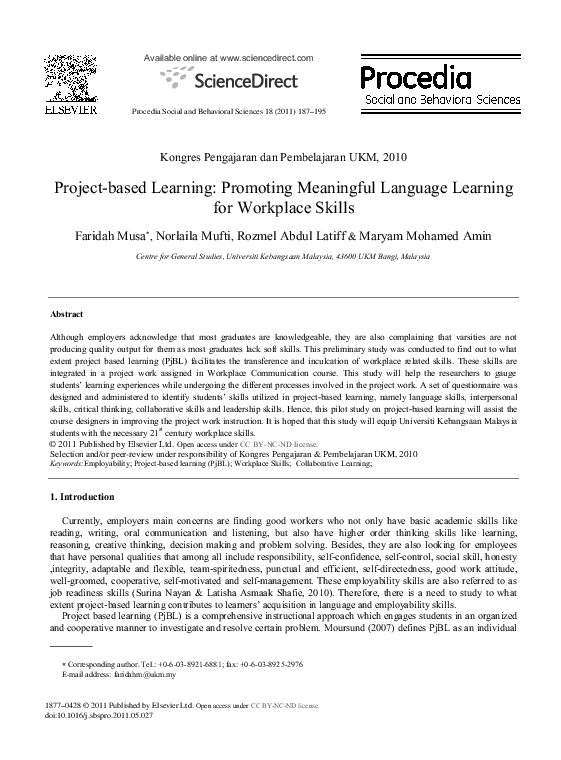 (PDF) Project-based Learning: Promoting Meaningful Language Learning ...