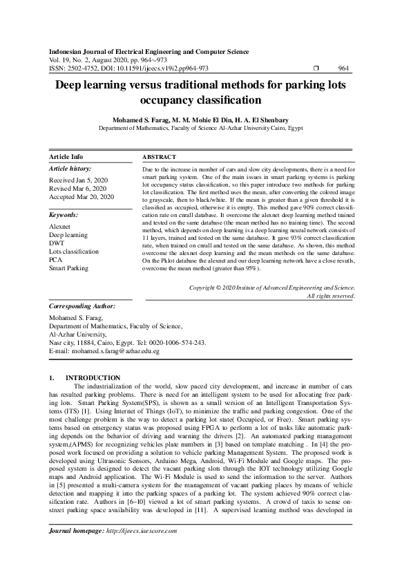 (PDF) Deep learning versus traditional methods for parking lots occupancy classification