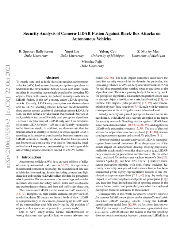 (PDF) Security Analysis of Camera-LiDAR Fusion Against Black-Box Attacks on Autonomous Vehicles