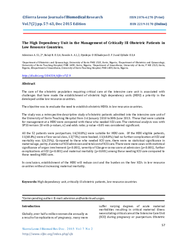 (PDF) The High Dependency Unit in the Management of Critically Ill ...