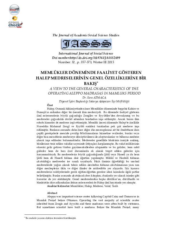 (PDF) Memlûkler Dönemi̇ Halep Medreseleri̇ni̇n Genel Özelli̇kleri̇ne Bi̇r Bakiş | Esra Atmaca ...