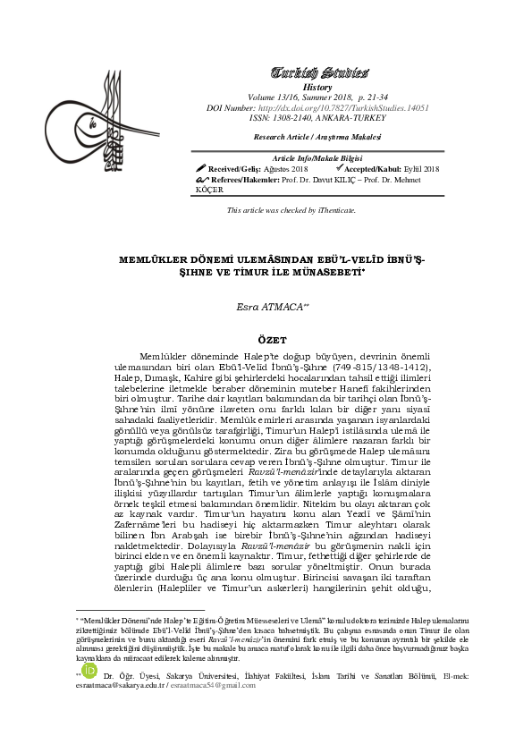(PDF) Memlûkler Dönemi Ulemâsından Ebü'l-Velîd İbnü'ş-Şıhne ve Timur İle Münasebeti