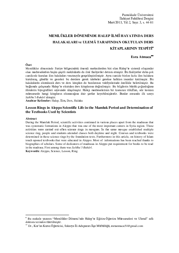 (PDF) MEMLÛKLER DÖNEMİ’NDE HALEP İLMÎ HAYATINDA DERS HALAKALARI ve ULEMÂ TARAFINDAN OKUTULAN ...