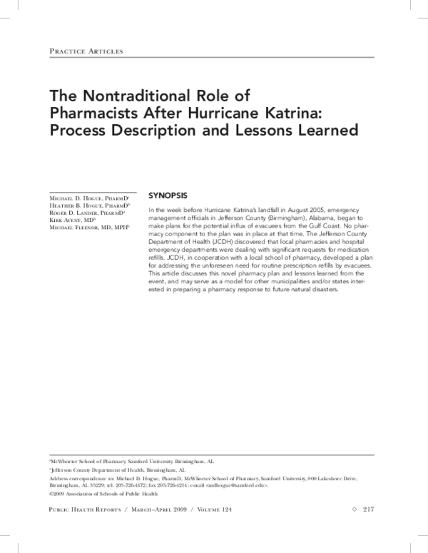 (PDF) The nontraditional role of pharmacists after hurricane Katrina ...