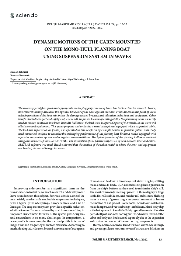 (PDF) DYNAMIC MOTIONS OF THE CABIN MOUNTED ON THE MONO-HULL PLANING BOAT USING SUSPENSION SYSTEM ...