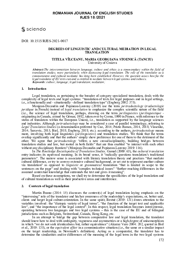 (PDF) DEGREES OF LINGUISTIC AND CULTURAL MEDIATION IN LEGAL TRANSLATION