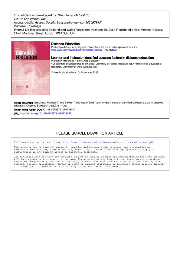 (PDF) Learner and instructor identified success factors in distance ...