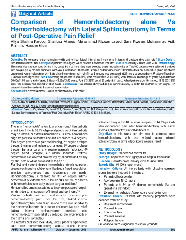 (PDF) Hemorrhoidectomy with and Without Lateral Internal Sphincterotomy ...