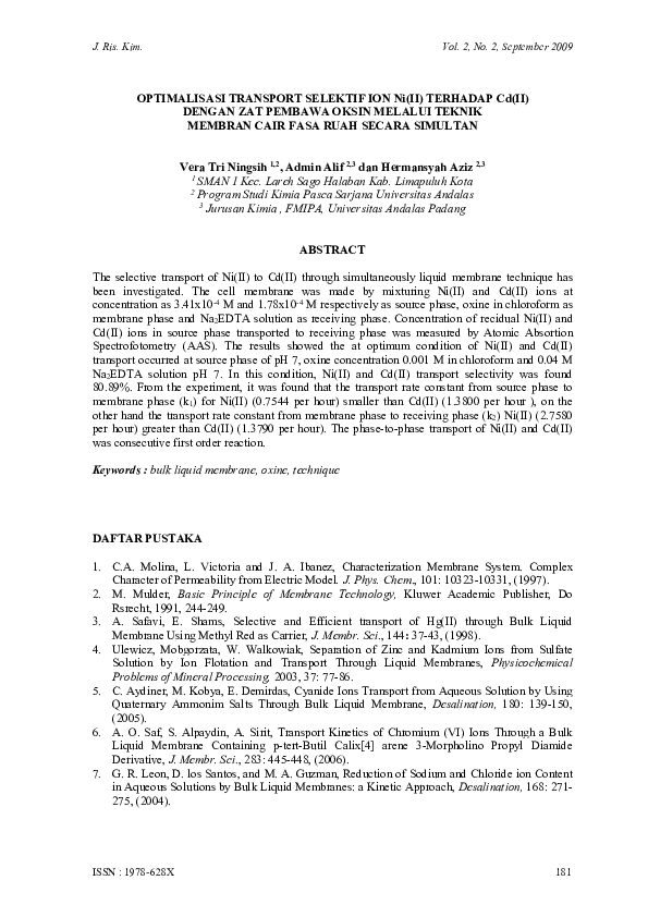 (PDF) OPTIMALISASI TRANSPORT SELEKTIF ION Ni(II) TERHADAP Cd(II) DENGAN ...