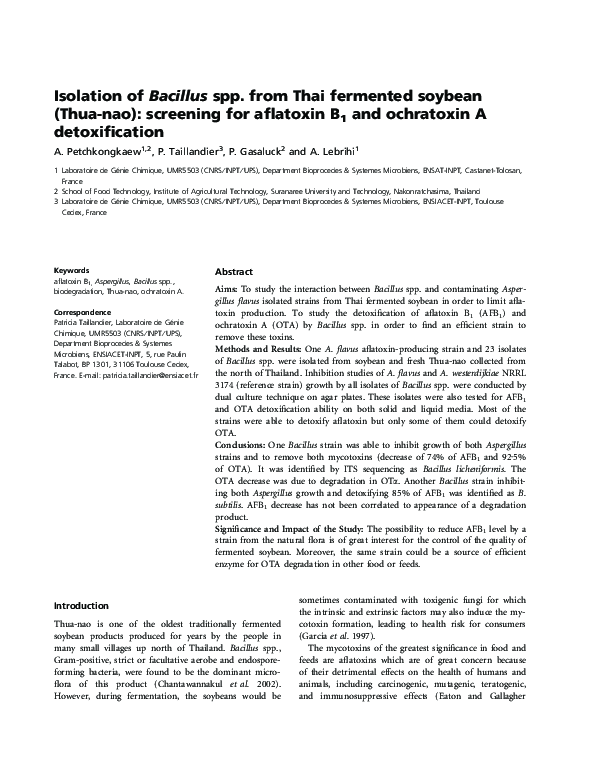 (PDF) Isolation of Bacillus spp. from Thai fermented soybean (Thua-nao): screening for aflatoxin ...