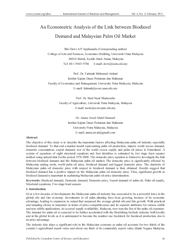 (PDF) An Econometric Analysis of the Link between Biodiesel Demand and Malaysian Palm Oil Market
