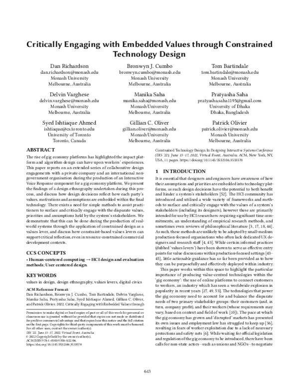 (PDF) Critically Engaging with Embedded Values through Constrained Technology Design