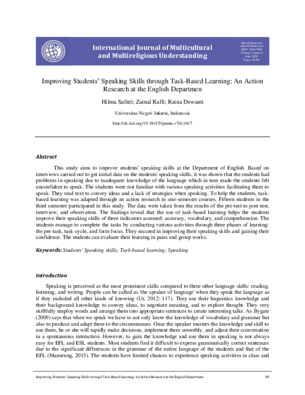 (PDF) Improving Students’ Speaking Skills through Task-Based Learning: An Action Research at the ...