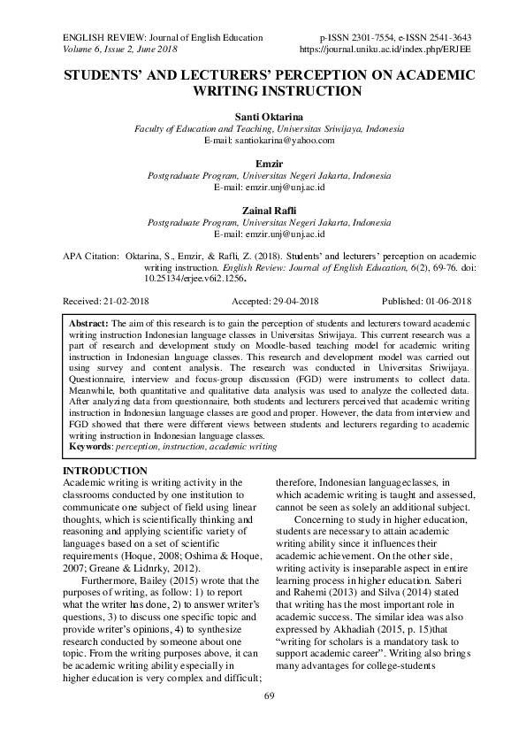 (PDF) Students and Lecturers Perception on Academic Writing Instruction