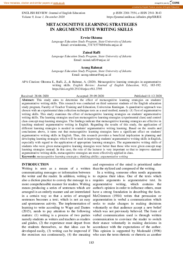 Pdf Metacognitive Learning Strategies In Argumentative Writing Skills