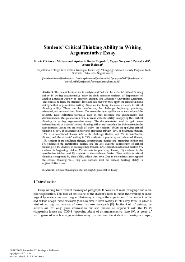 (PDF) Students’ Critical Thinking Ability in Writing Argumentative Essay