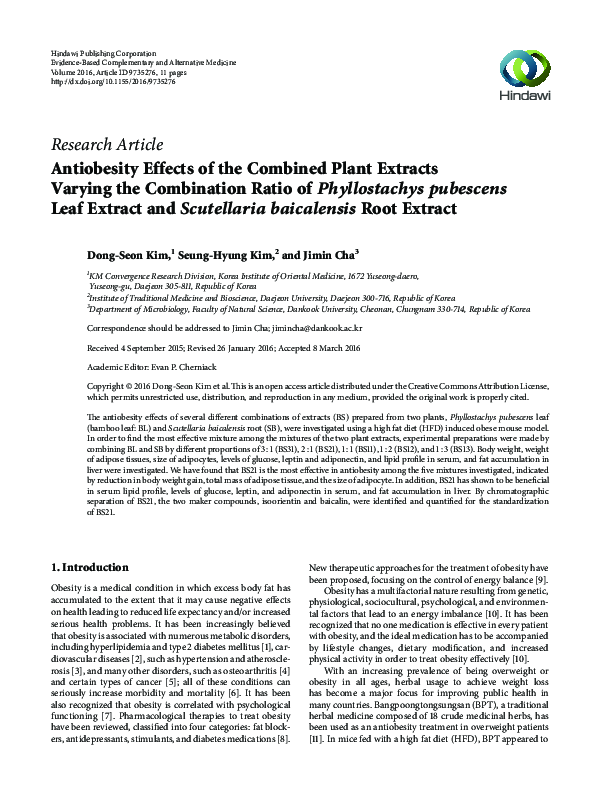 Pdf Antiobesity Effects Of The Combined Plant Extracts Varying The Combination Ratio Of