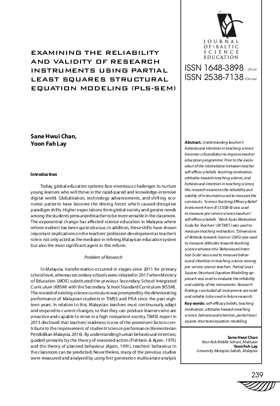Pdf Examining The Reliability And Validity Of Research Instruments Using Partial Least Squares