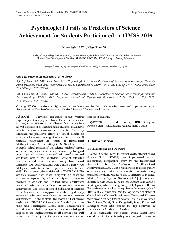 (PDF) Psychological Traits as Predictors of Science Achievement for ...