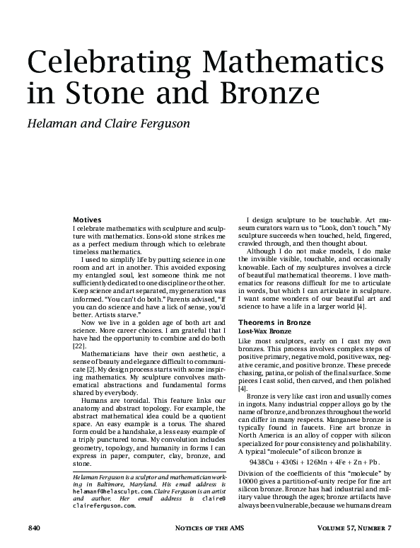 (PDF) Celebrating Mathematics in Stone and Bronze
