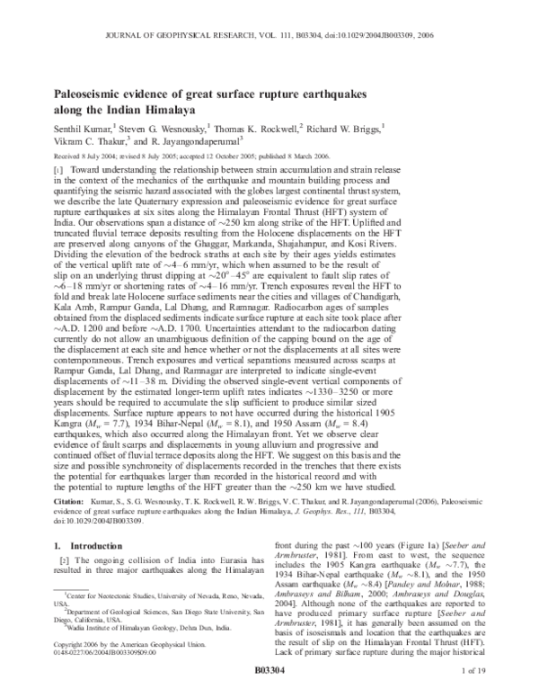 (PDF) Paleoseismic evidence of great surface rupture earthquakes along ...